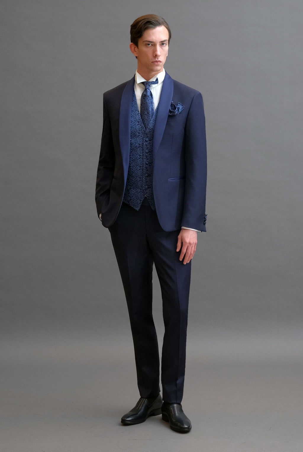 Smoking shawl lapel in blue wool sablé – Modesto Bertotto